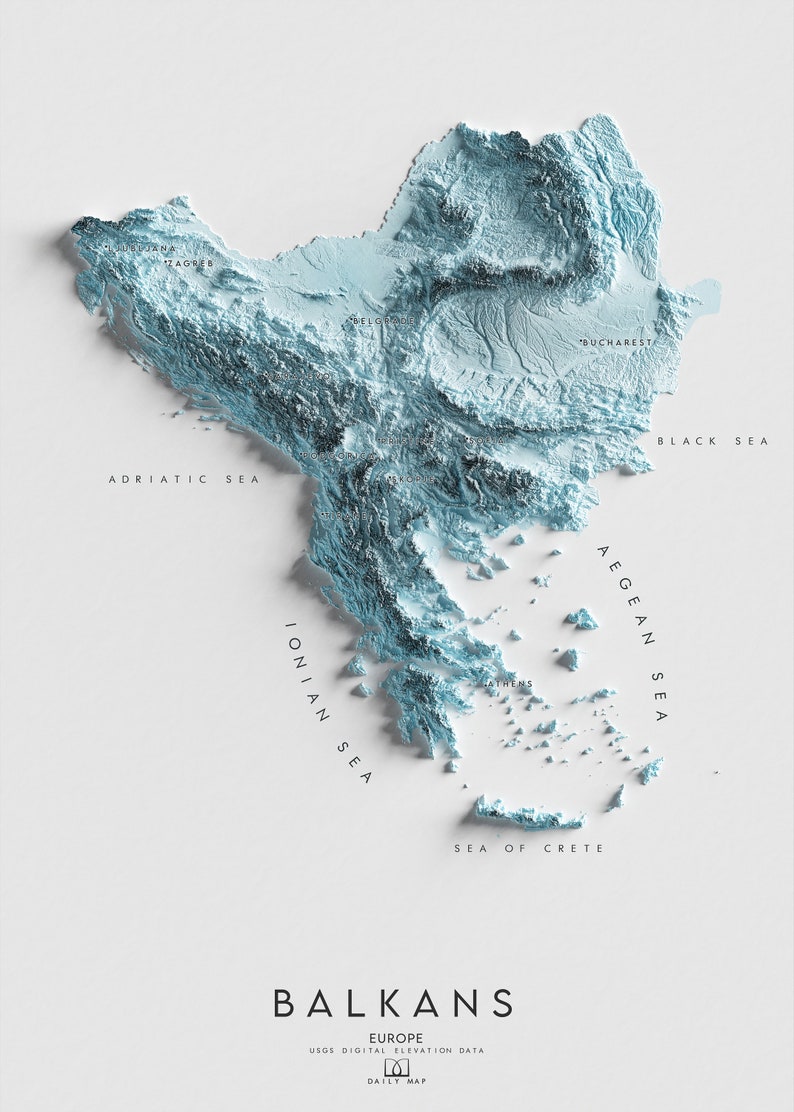 BALKANS - Europe 3D Shaded Relief Map - Etsy