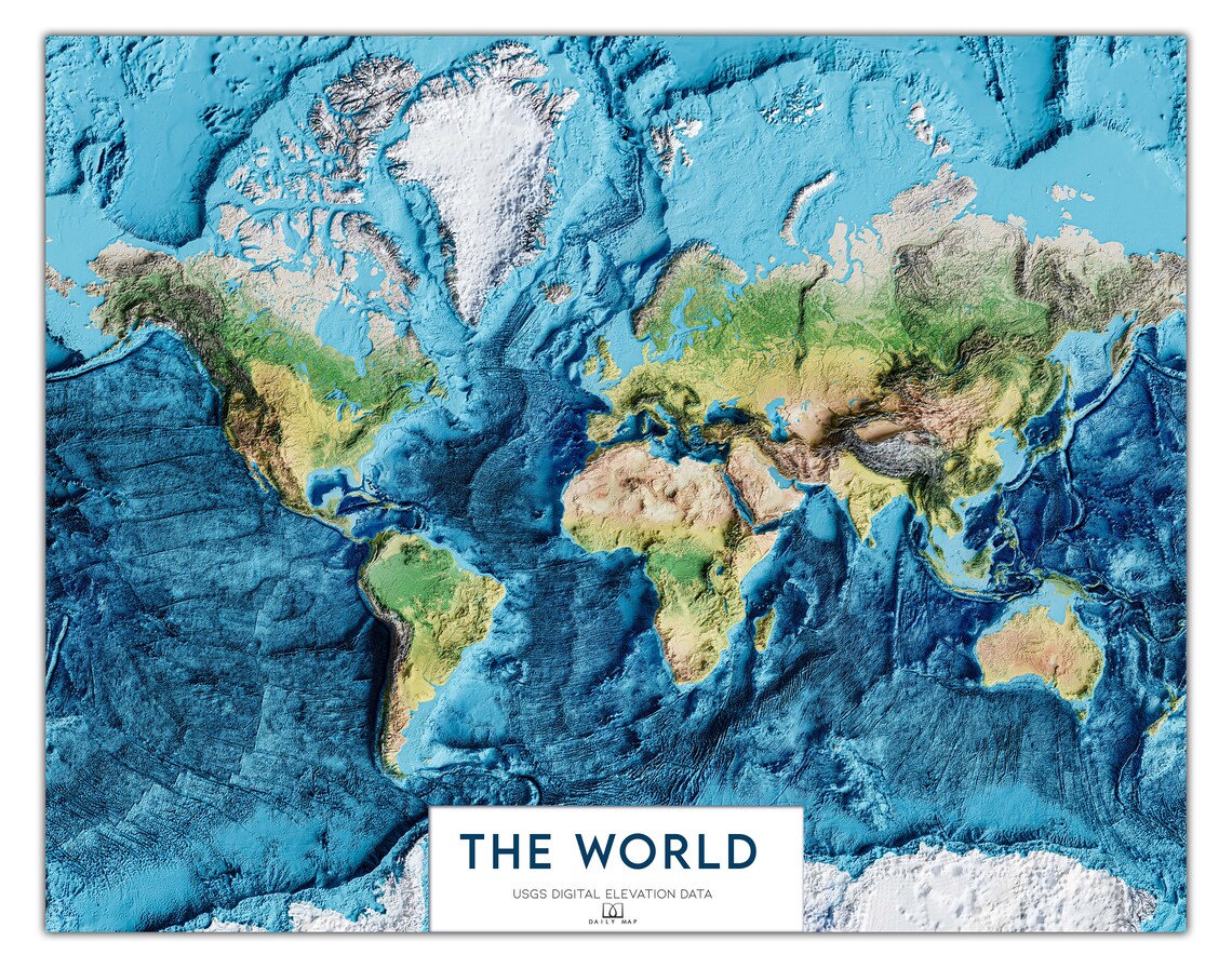 THE WORLD 3D Shaded Relief Map - Etsy