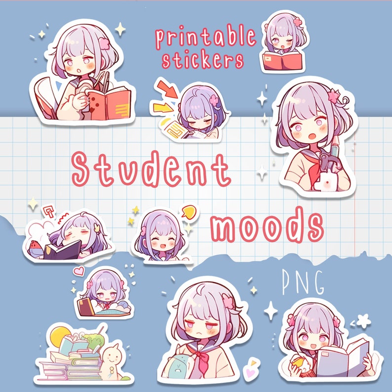 Printable Student Moods Sticker Sheet Cute and Kawaii Emoticons for ...