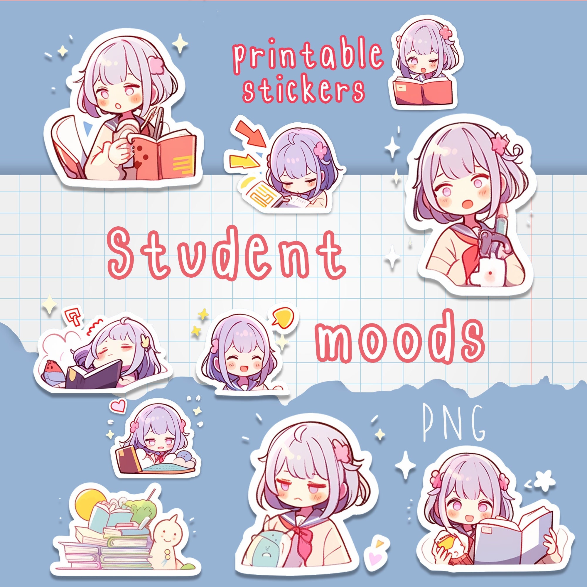 Printable Student Moods Sticker Sheet Cute and Kawaii Emoticons for ...