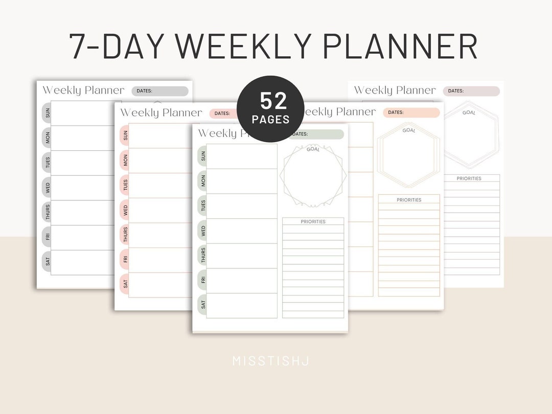 7 Day Weekly Planner With Goals and Priorities - Digital Download 8.5in ...