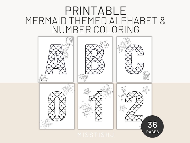 Printable Mermaid Theme A-Z, 0-9 Coloring Pages, Digital Download 8.5in ...