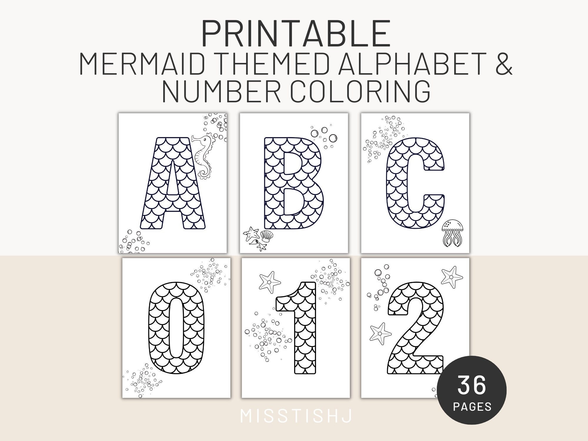 Printable Mermaid Theme A-Z, 0-9 Coloring Pages, Digital Download 8.5in ...