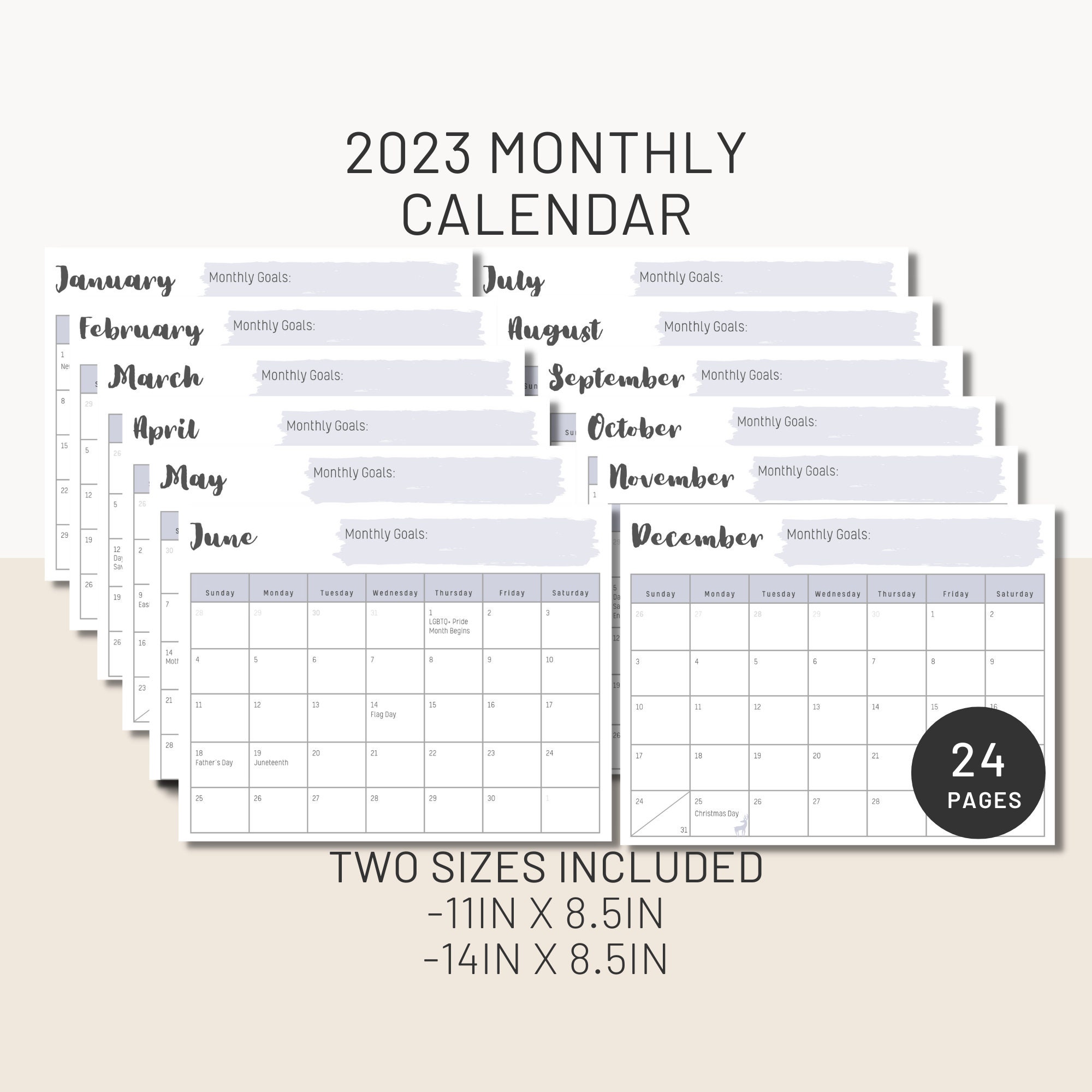 Printable 2023 Monthly Calendar With Monthly Goals With Multiple Sizes ...