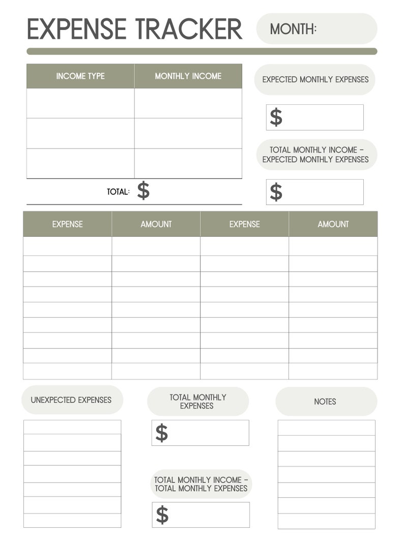 Printable Monthly Expense Tracker With Unexpected Expenses - 8.5in ...