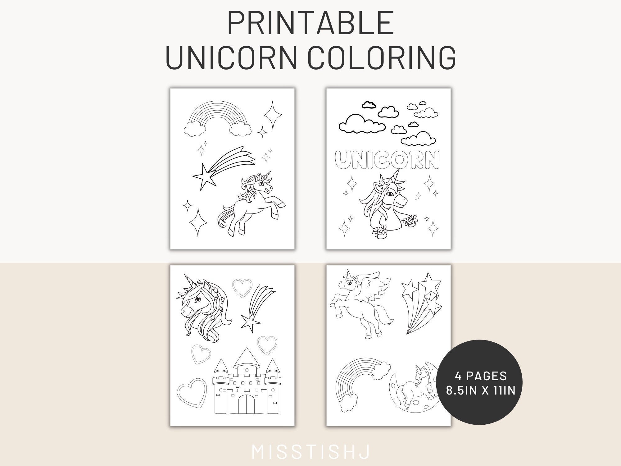 4 Page Unicorn Coloring Pages - 8.5 in X 11 in - Digital Download ...