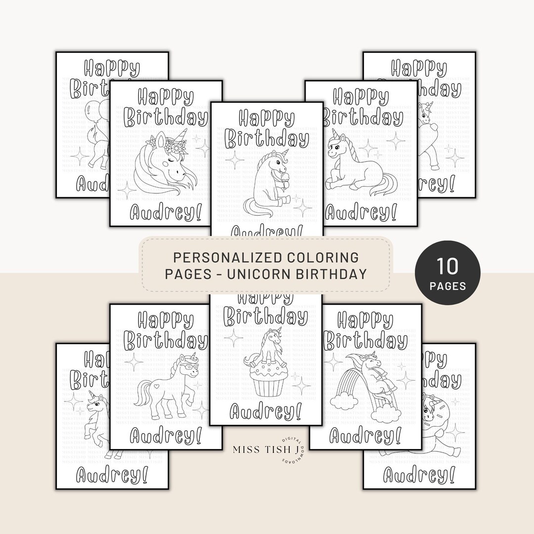 Personalized Printable Happy Birthday Coloring Pages - Unicorn Theme ...