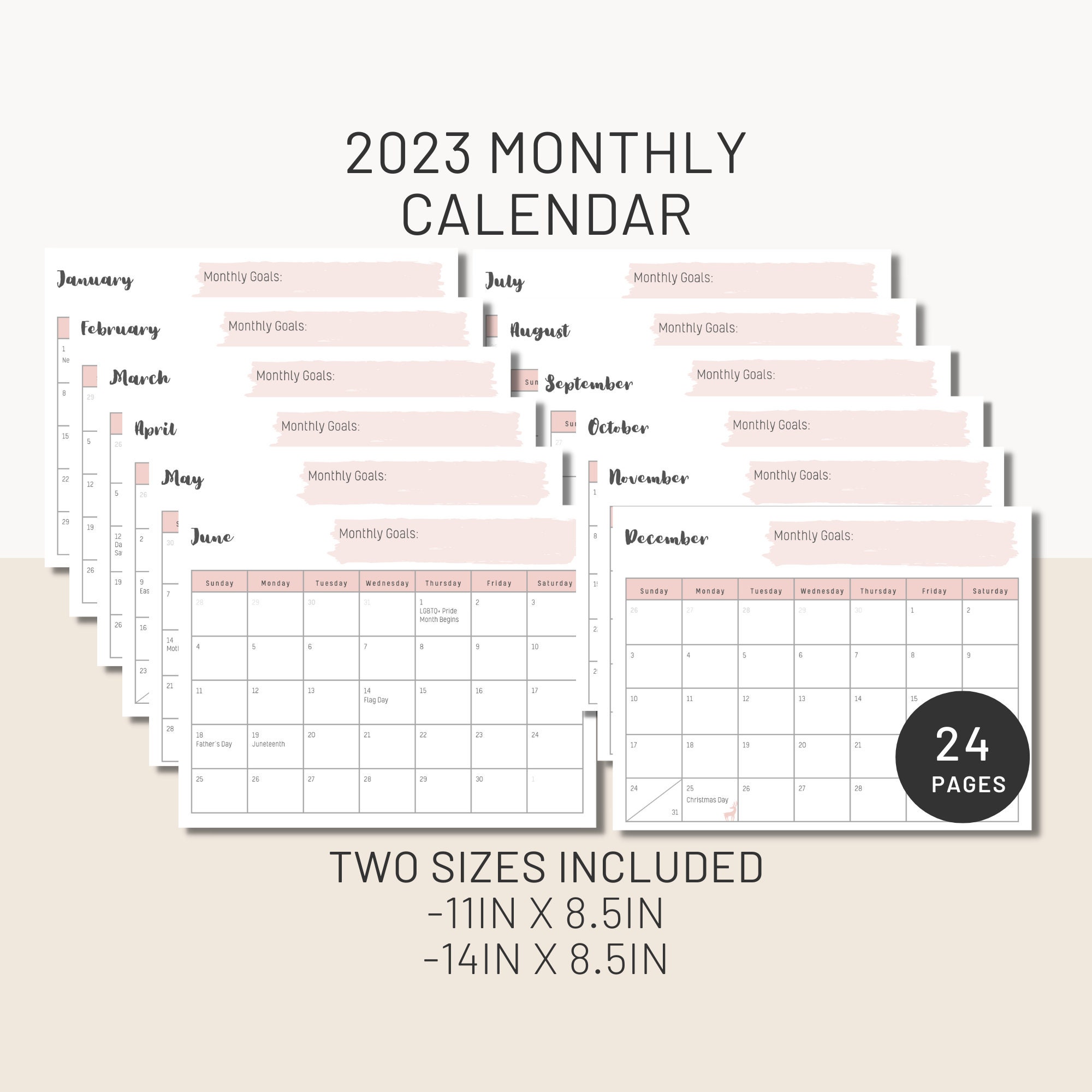 Printable 2023 Monthly Calendar With Monthly Goals With Multiple Sizes ...