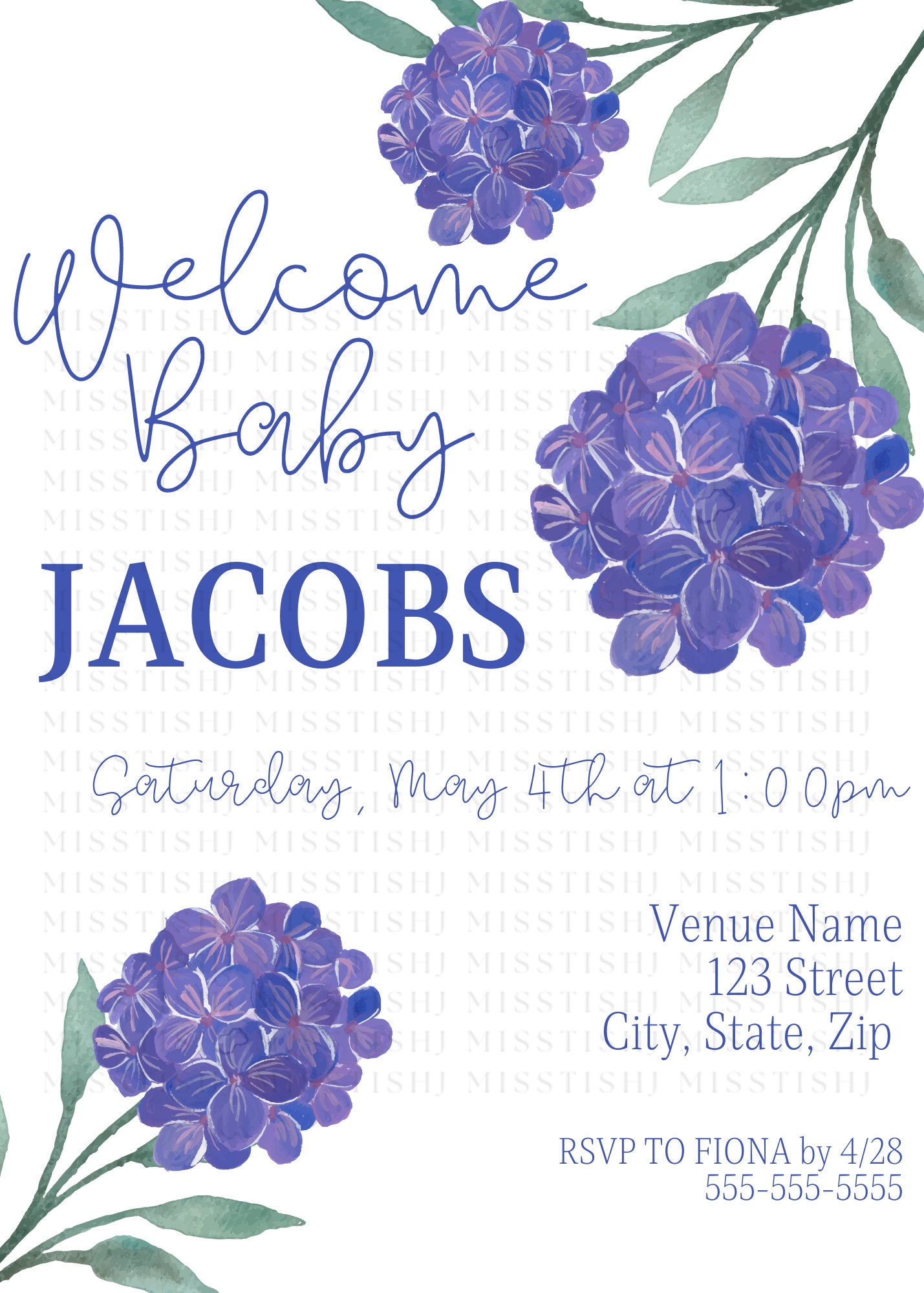 Personalized Baby Shower Invitation - Welcome Baby, Blue Hydrangea ...
