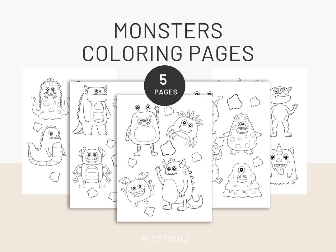 5 Page Monsters Coloring Pages - 8.5 in X 11 in - Digital Download ...