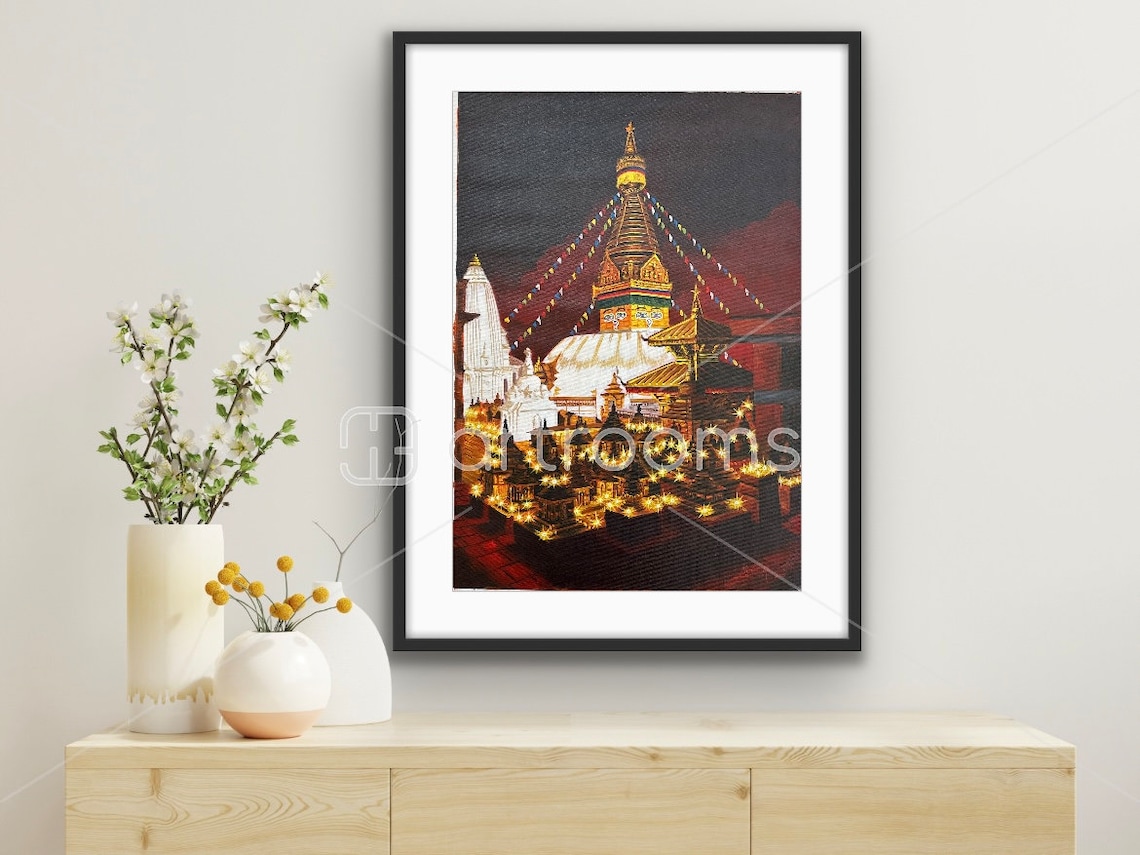 Hand-painted Swayambhunath Stupa at Night - Authentic Artwork From ...