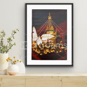 Hand-painted Swayambhunath Stupa at Night - Authentic Artwork From ...