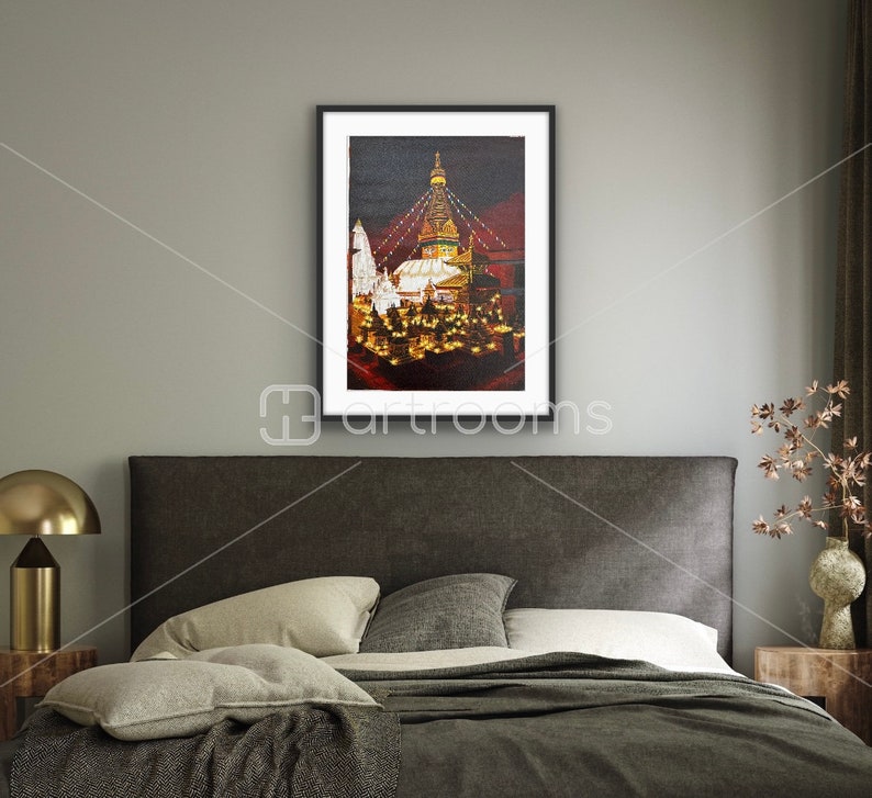 Hand-painted Swayambhunath Stupa at Night - Authentic Artwork From ...