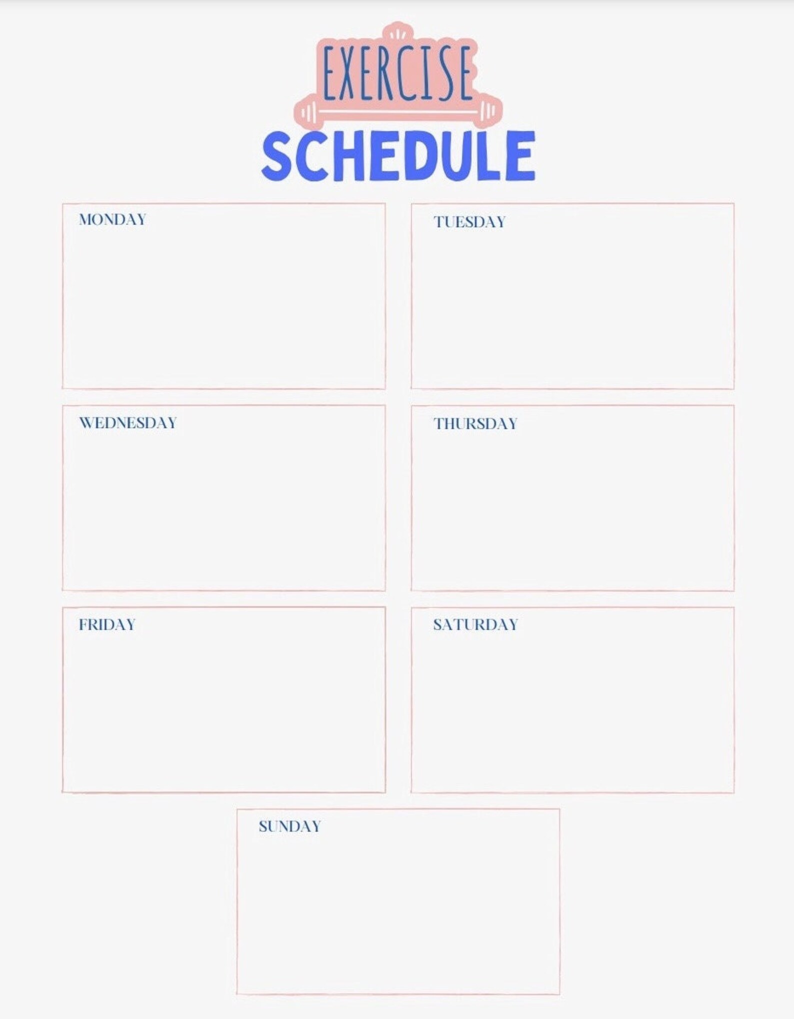 Weekly Exercise Schedule, Health Planner, Gym Daily Schedule, Single ...