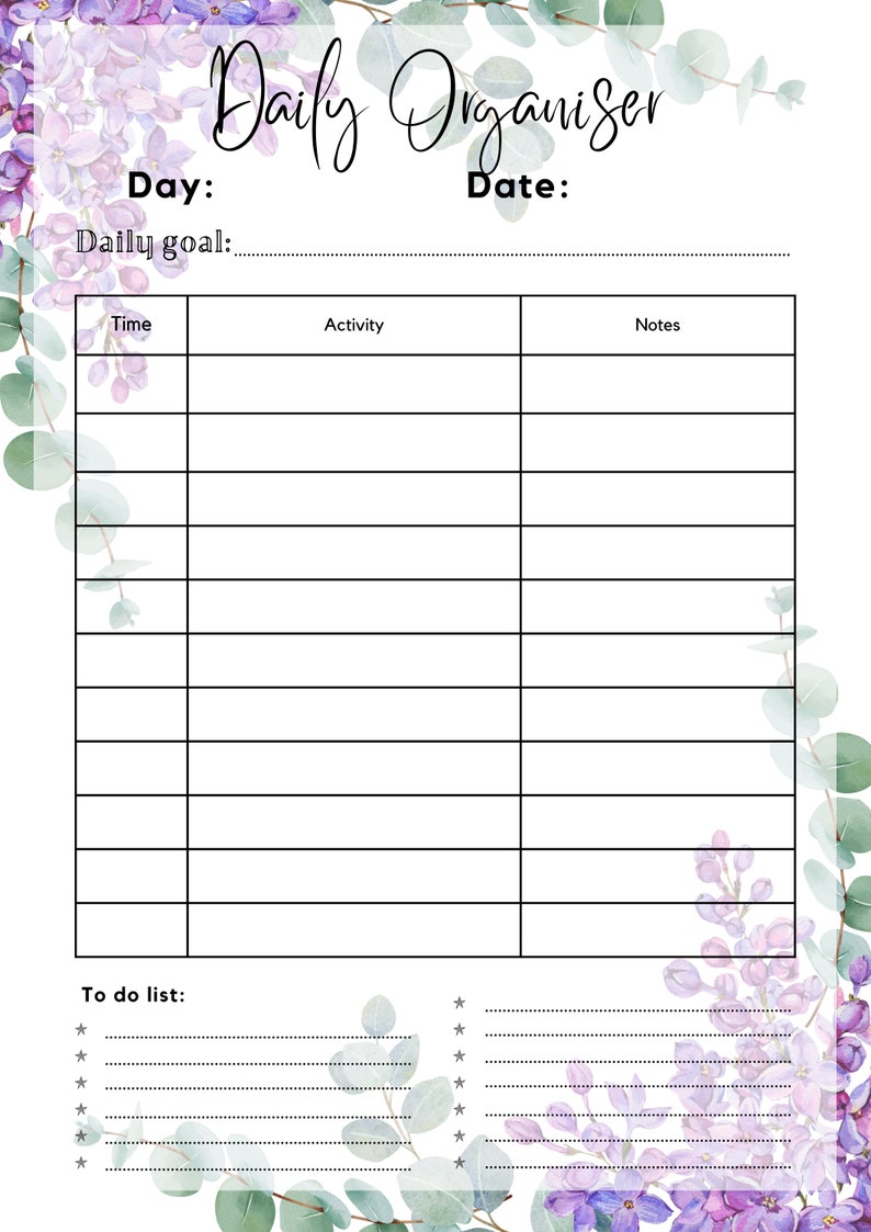 Printable Daily Planner/organiser Lilac and Eucalyptus - Etsy
