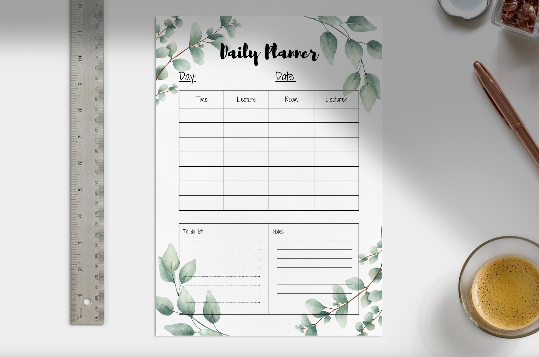 Daily Planner, Printable, Eucalyptus Green Watercolour Botanical ...