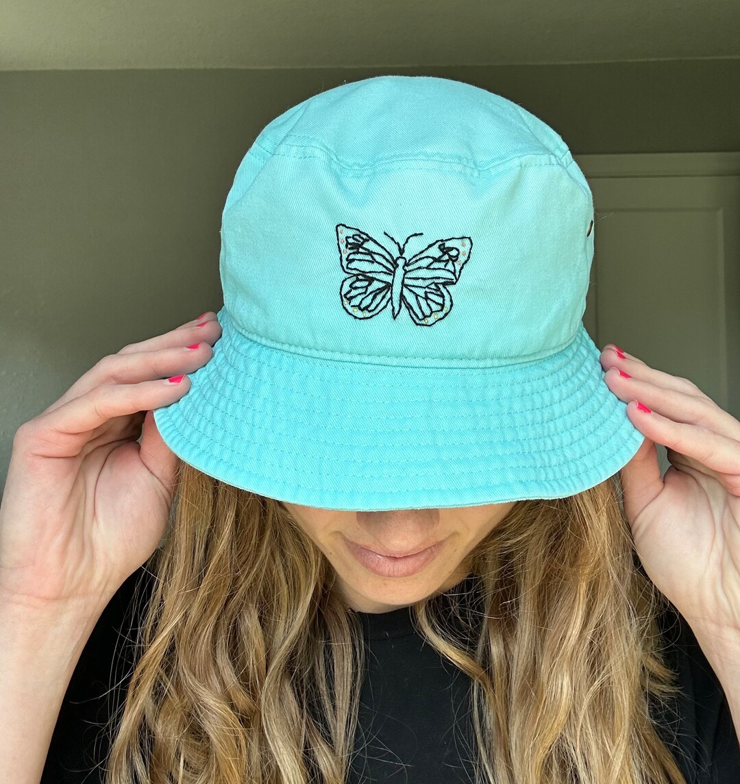 Hand Embroidered Bucket Hat| Butterfly Design| Bucket Hat| Summer Hat ...