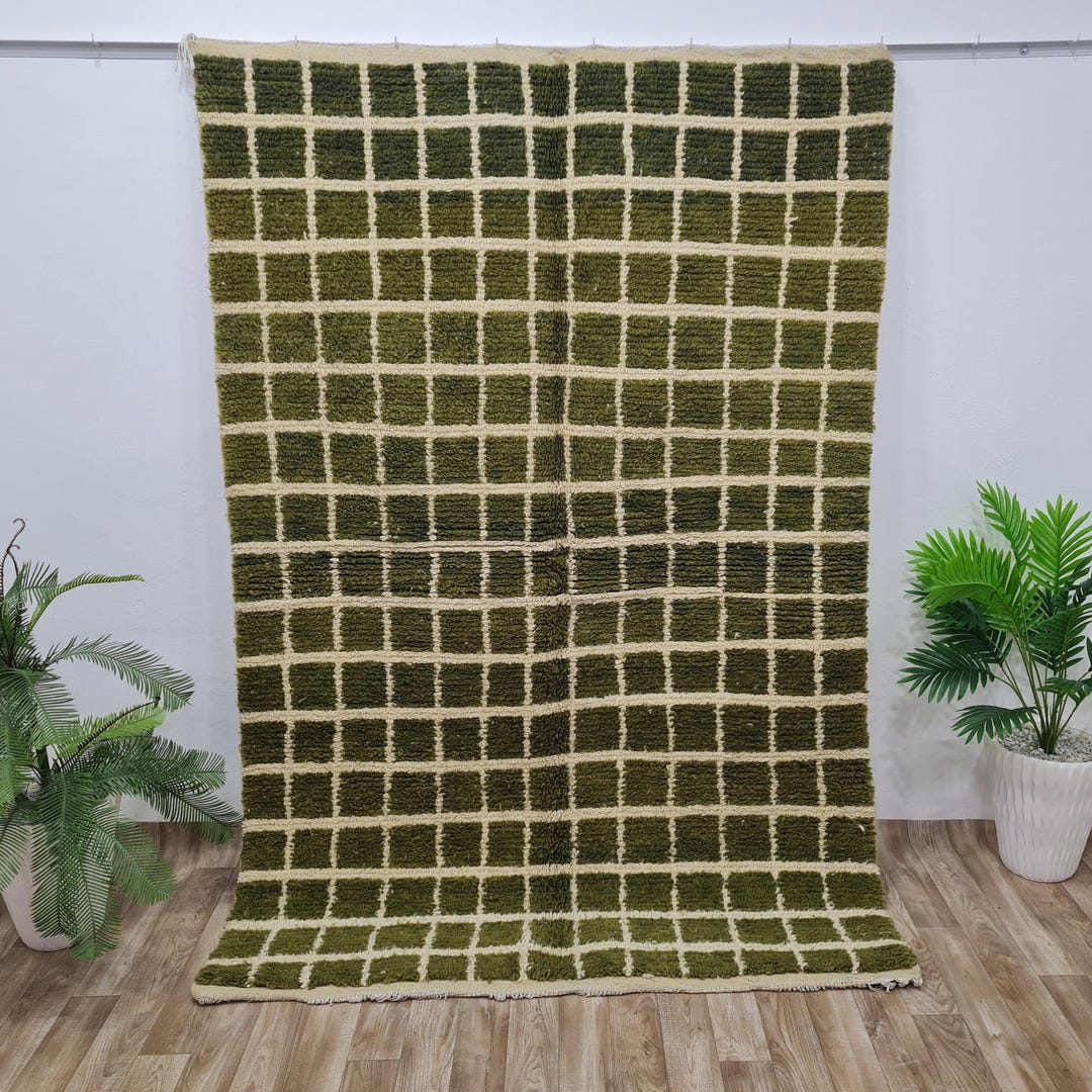 Green and Beige Wool Rug - Handwoven Checkered Carpet for Boho Modern ...