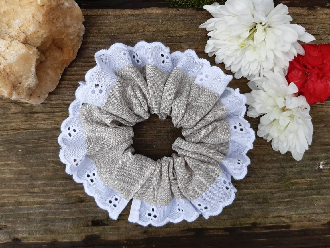 Natural Oatmeal Beige Linen Scrunchie With Broderie Anglaise - Etsy UK