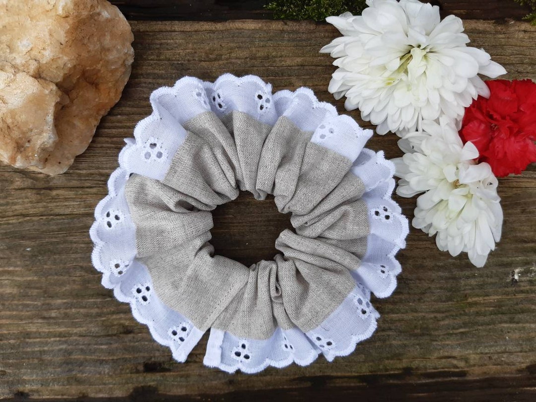 Natural Oatmeal Beige Linen Scrunchie With Broderie Anglaise - Etsy UK