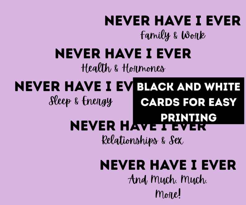 Menopause Never Have I Ever Flashcard Game, Black and White Cards for ...