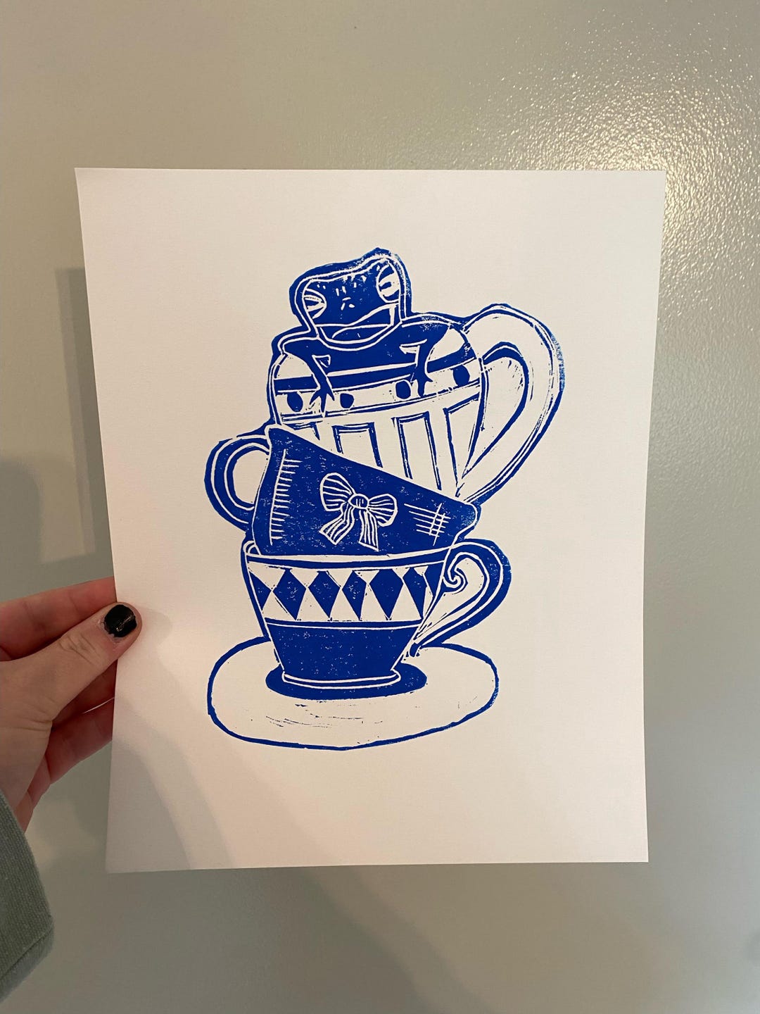 Teacup Frog Print - Linocut, Handmade Art - Etsy