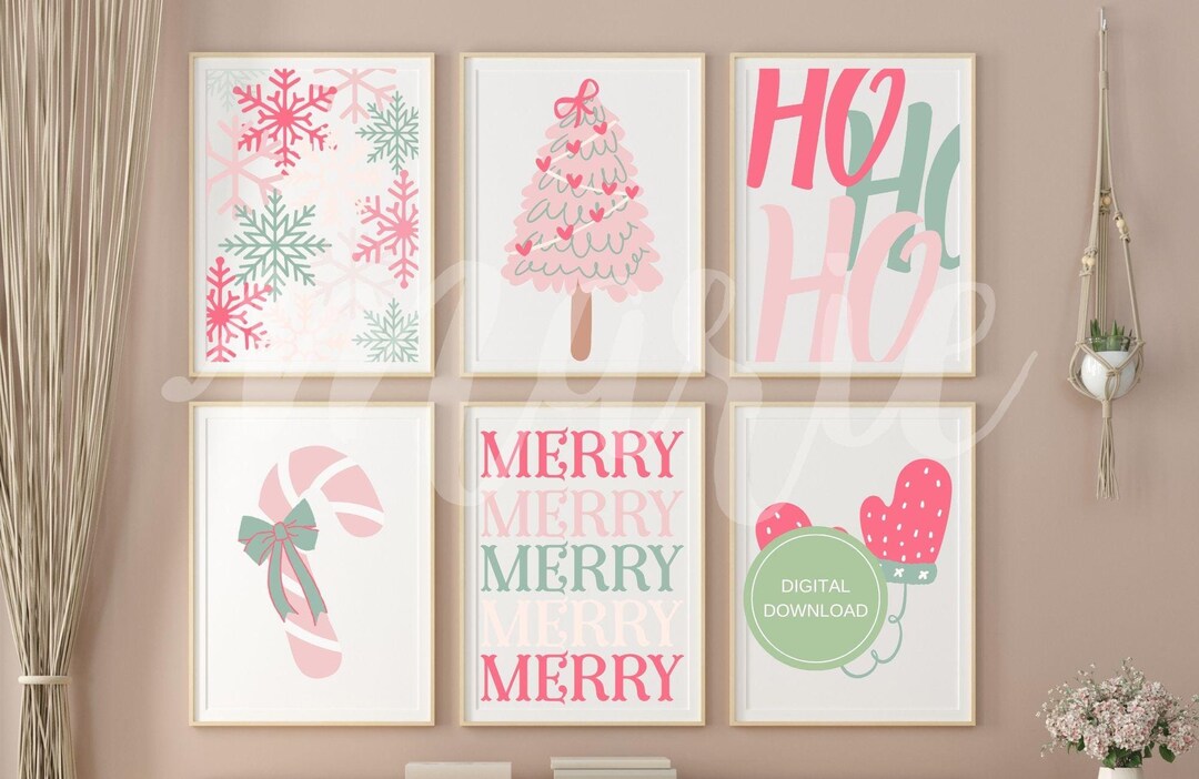 Cute Pink Christmas Prints Set, Pink and Green Holiday Bundle, Merry ...