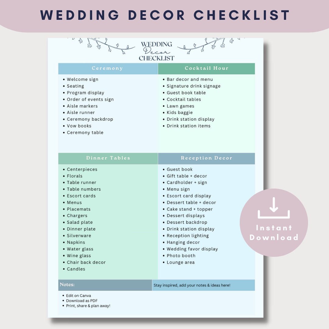 Wedding Decor Checklist Printable Decor List Wedding Decor - Etsy Australia