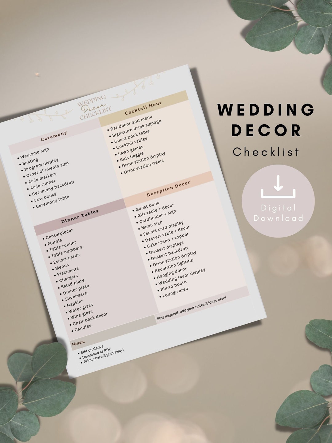 Wedding Decor Checklist, Printable Decor List, Wedding Decor List ...