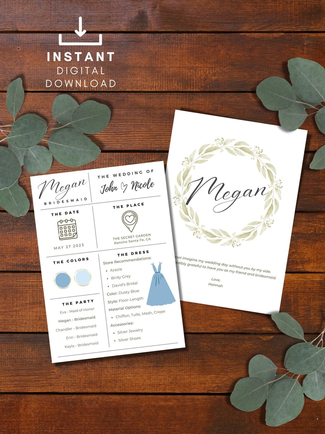 Bridesmaid Info Card Template for Bridal Party Info Card for - Etsy