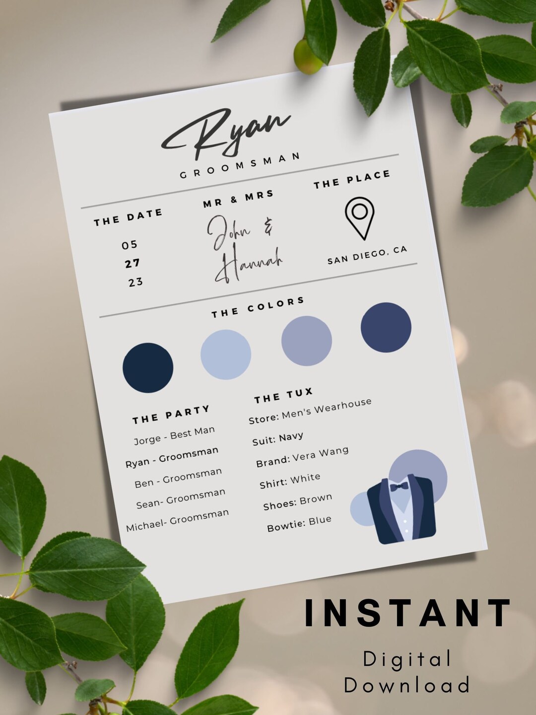 Groomsman Info Card Printable Groomsmen Information Card - Etsy
