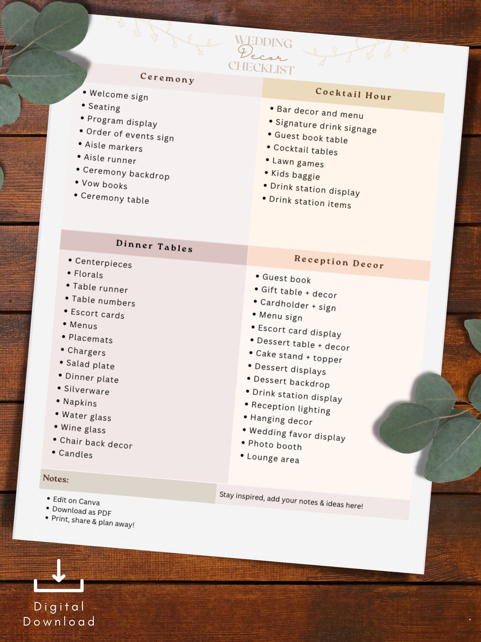 Wedding Decor Checklist Printable Decor List Wedding Decor - Etsy