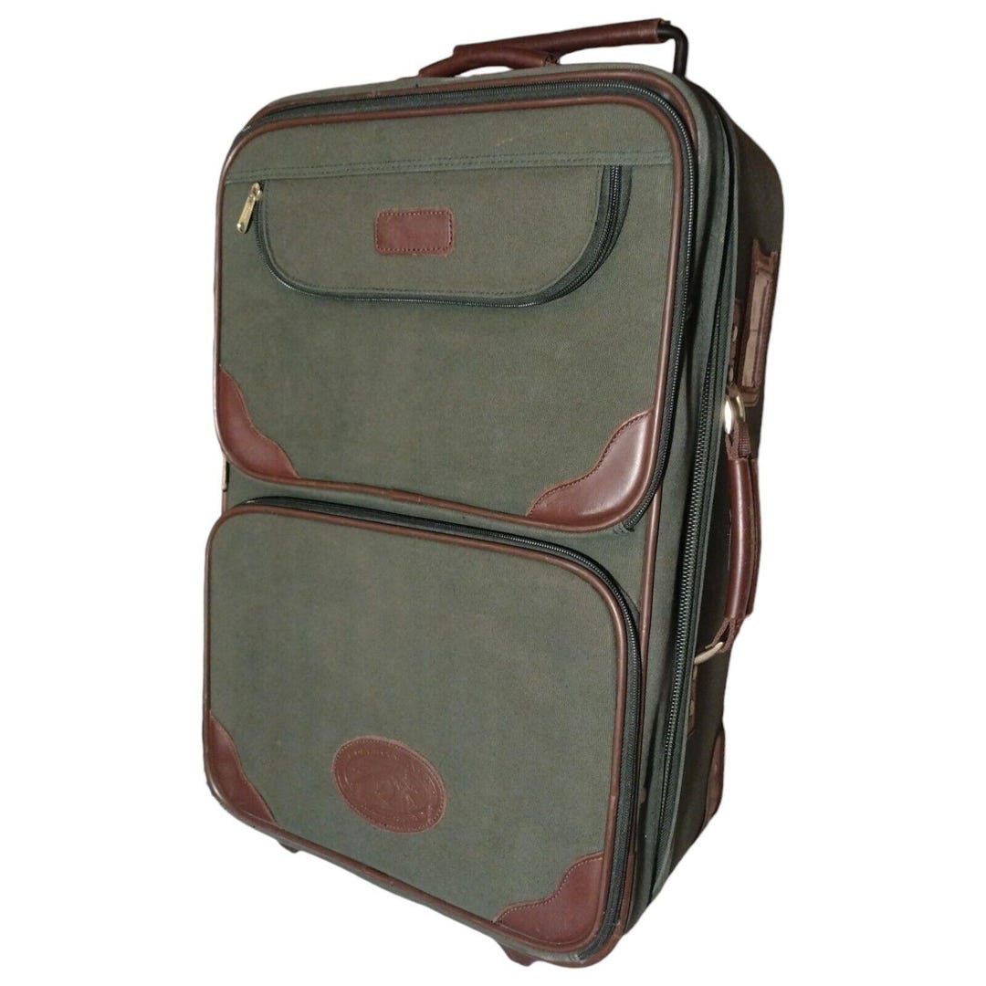 Vintage Orvis Battenkill Large Leather Green Canvas Rolling Suitcase ...