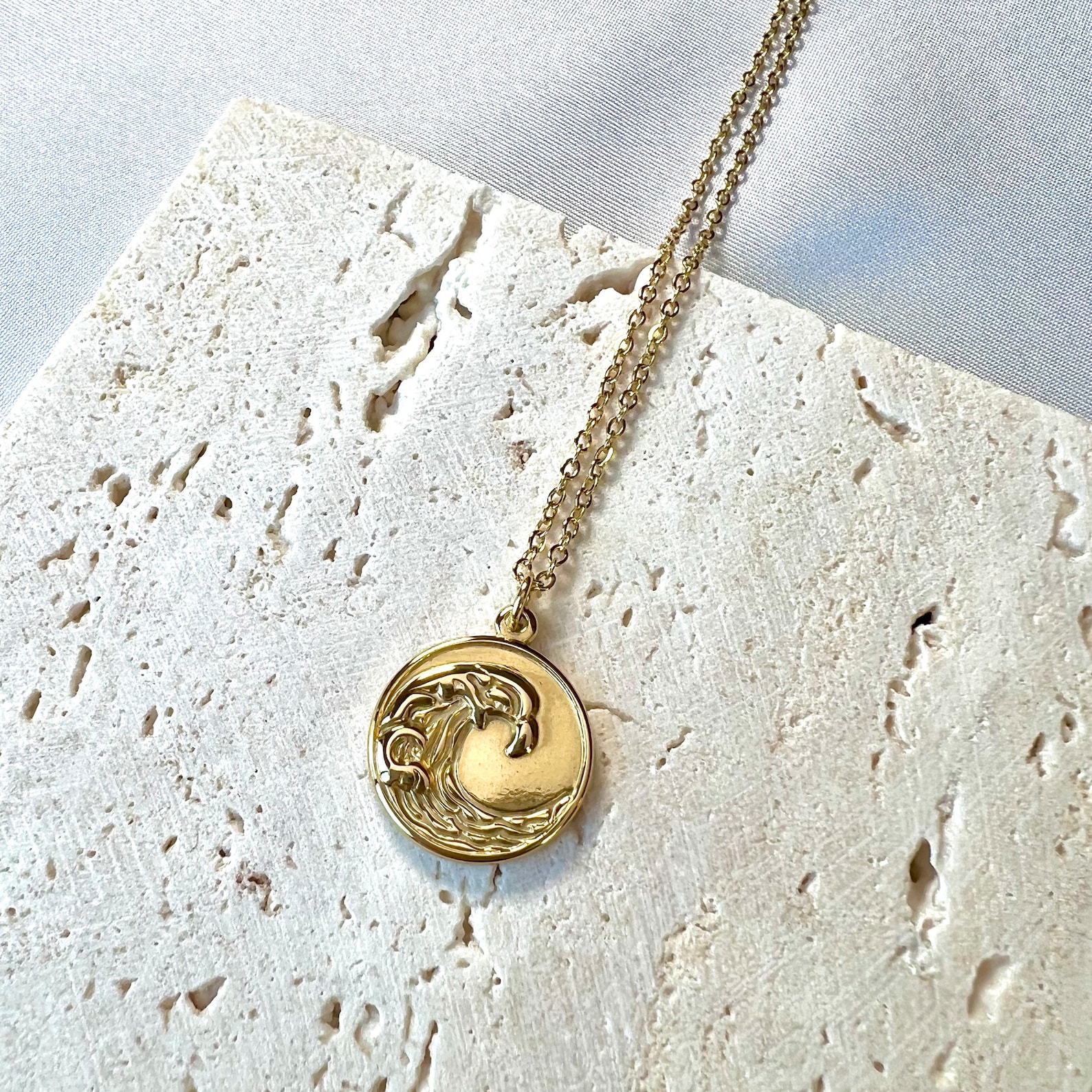 Sea Wave Necklace, 18K Gold Coin Necklace, Ocean Sea Beach Necklace ...