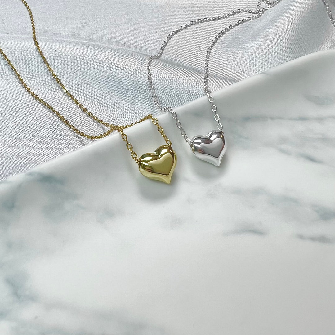 Puffed Heart Pendant Necklace, Sterling Silver Gold Plated, Puffy Heart ...