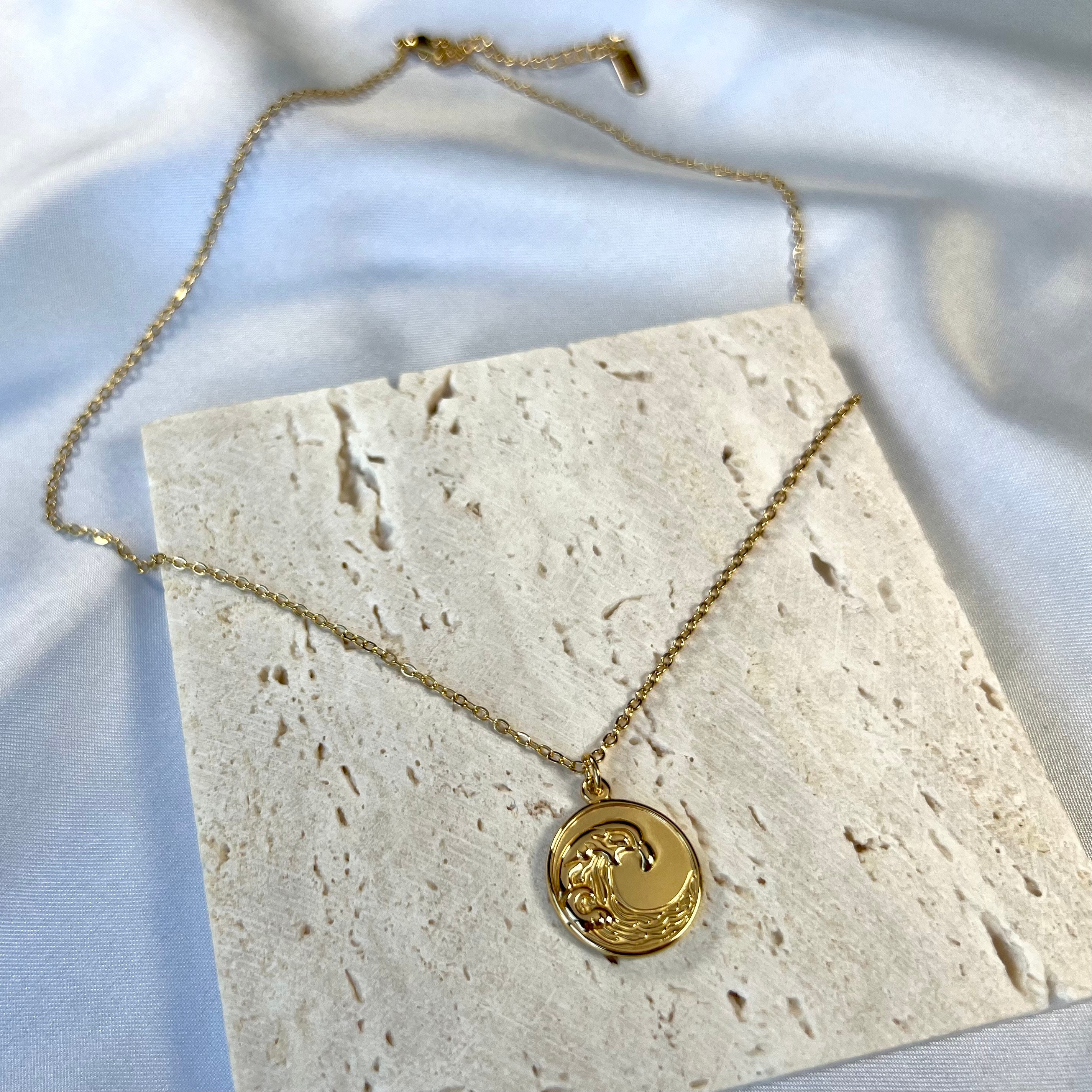 Sea Wave Necklace, 18K Gold Coin Necklace, Ocean Sea Beach Necklace ...