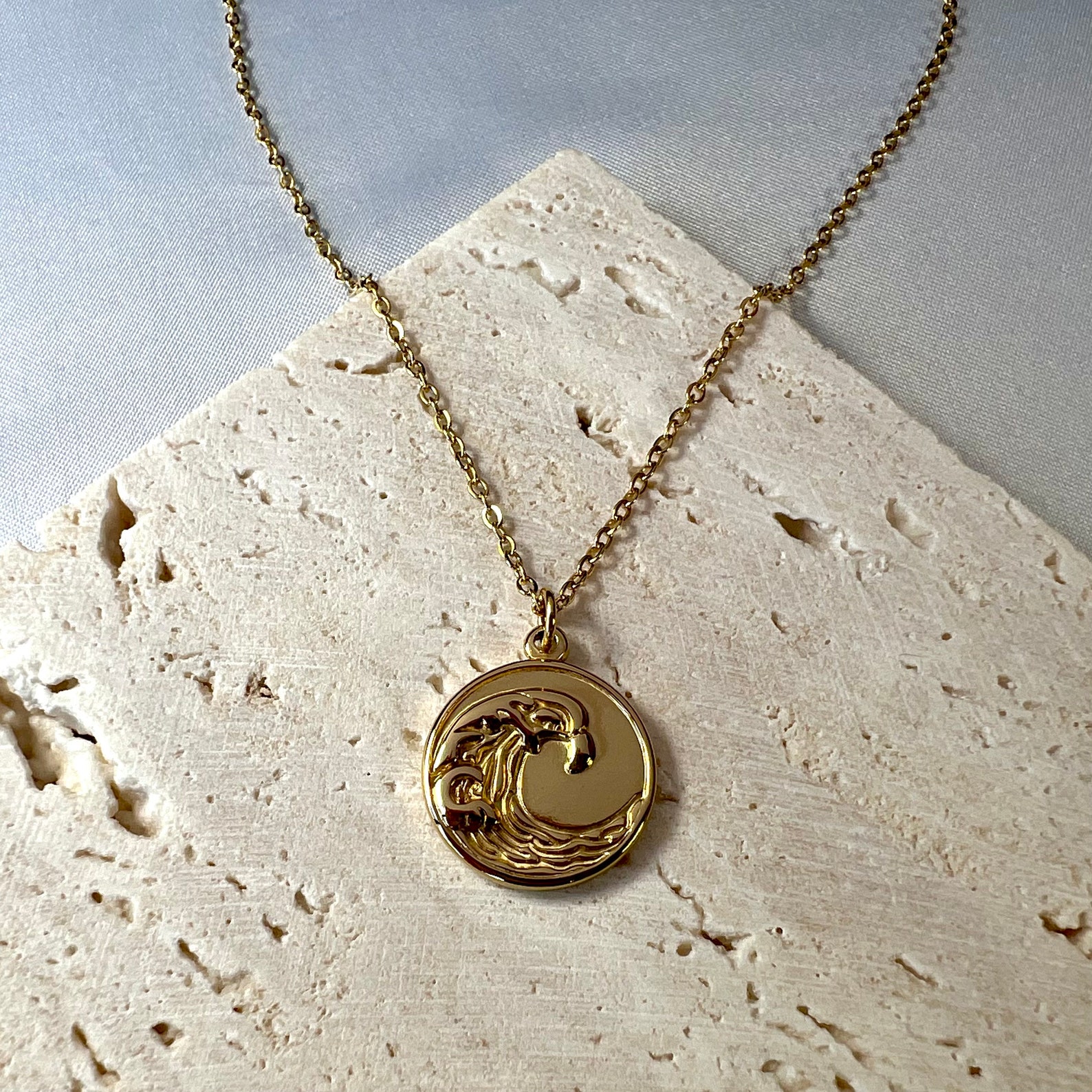 Sea Wave Necklace, 18K Gold Coin Necklace, Ocean Sea Beach Necklace ...
