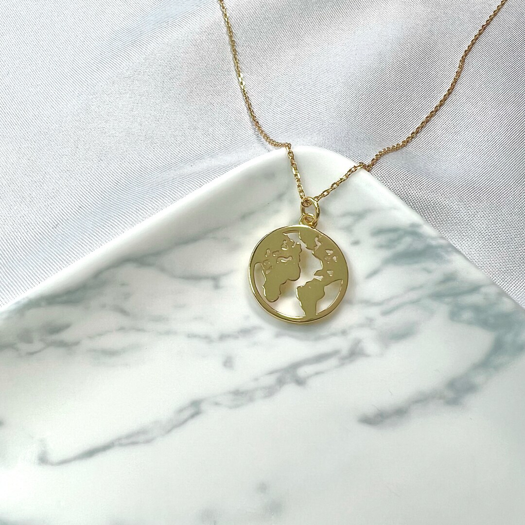 World Map Necklace, 18K Gold Sterling Silver, Globe Necklace, Map in ...