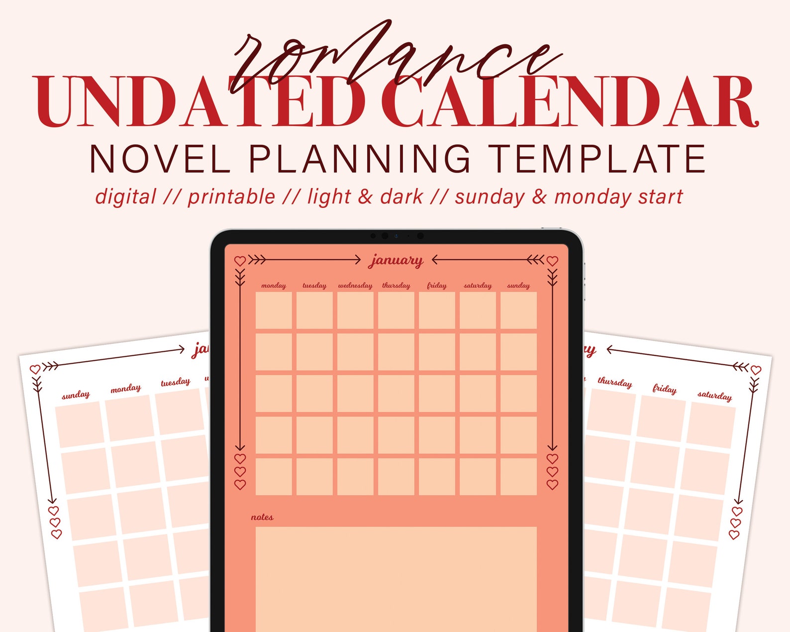 Digital Printable Romance Undated Calendar Template | Story Planning ...