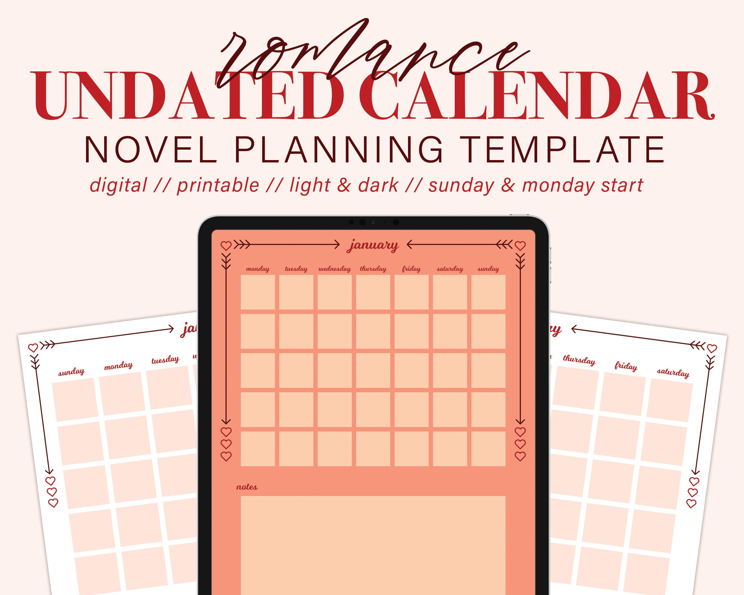 Digital Printable Romance Undated Calendar Template | Story Planning ...