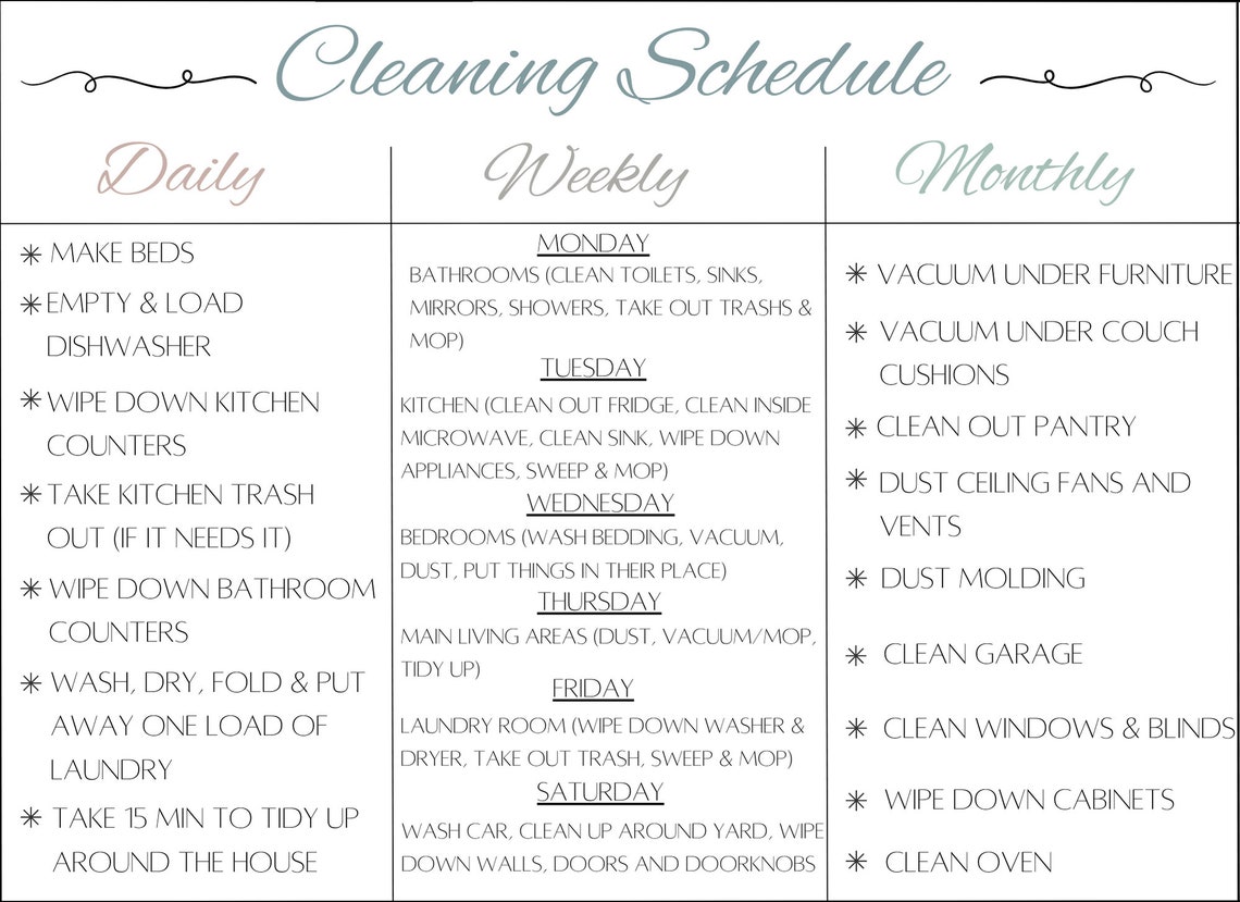 Cleaning Schedule | Daily | Weekly | Monthly | Minimal | Printable ...
