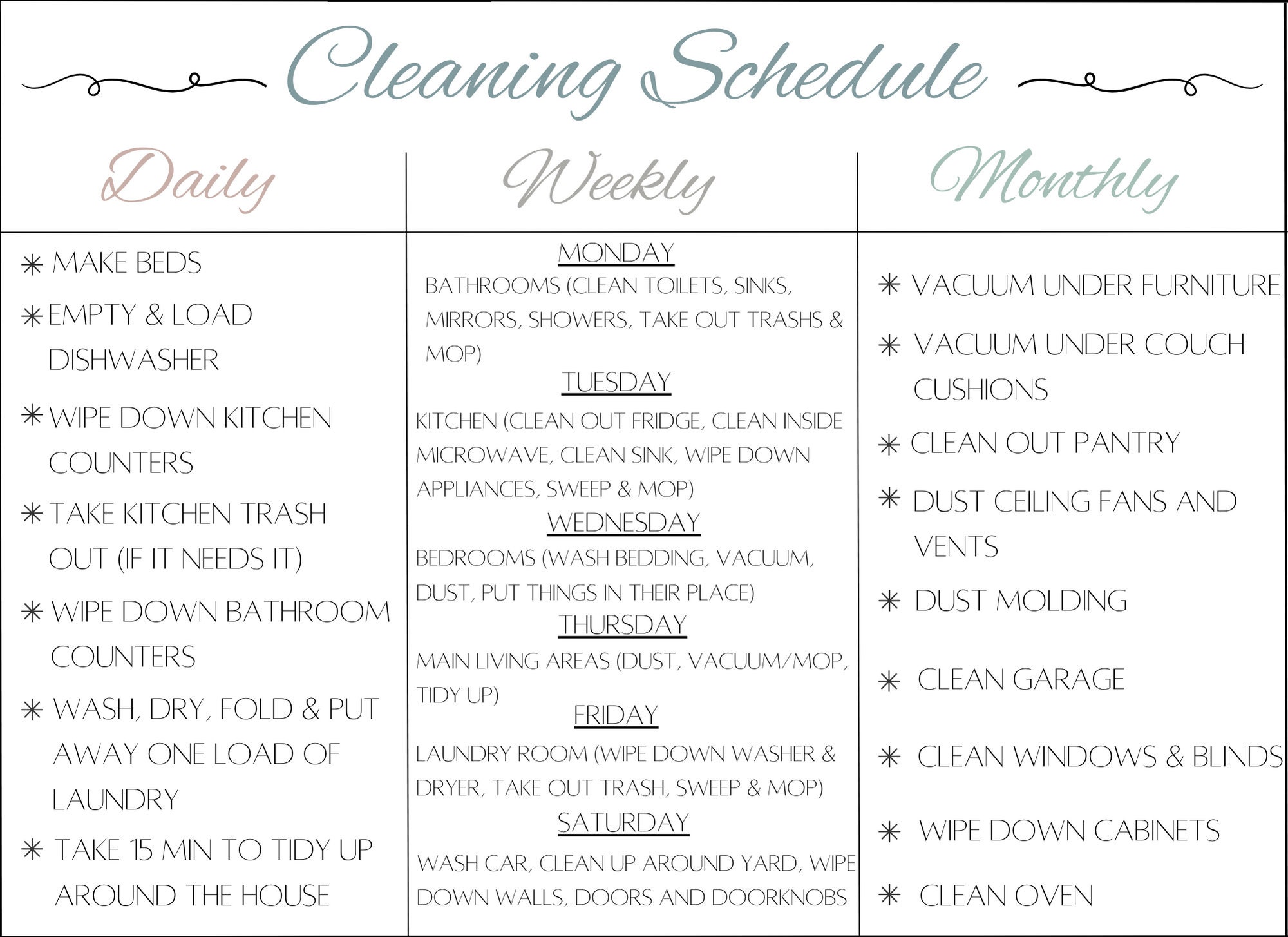 Cleaning Schedule | Daily | Weekly | Monthly | Minimal | Printable ...