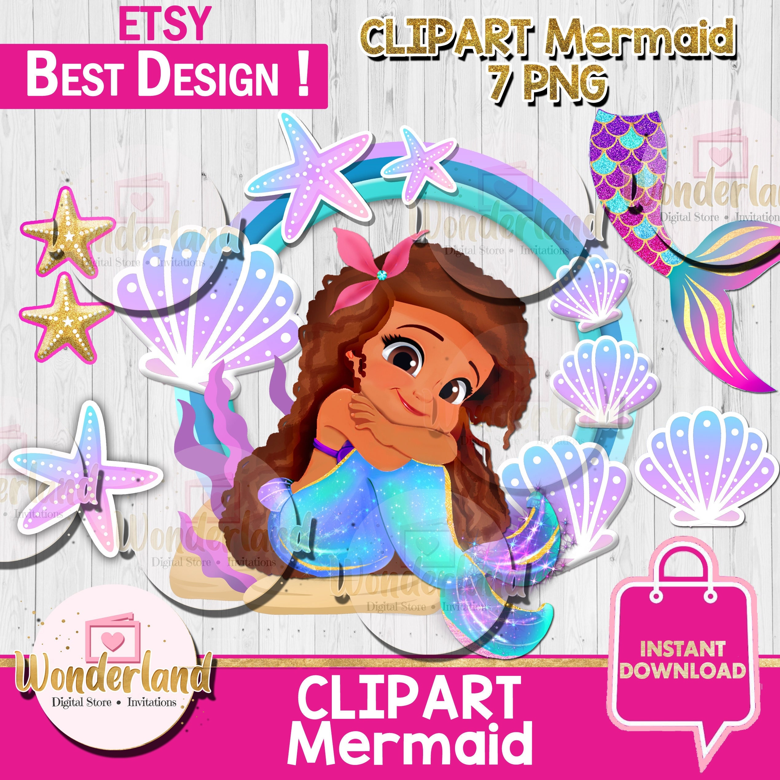 African American Mermaid Clipart, Birthday Invitation PNG (digital ...