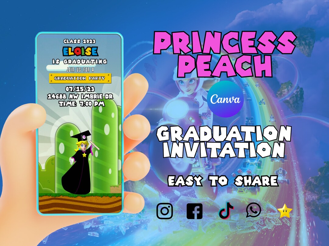 Editable Princess Peach Video Graduation Party Invitation | Canva Party ...