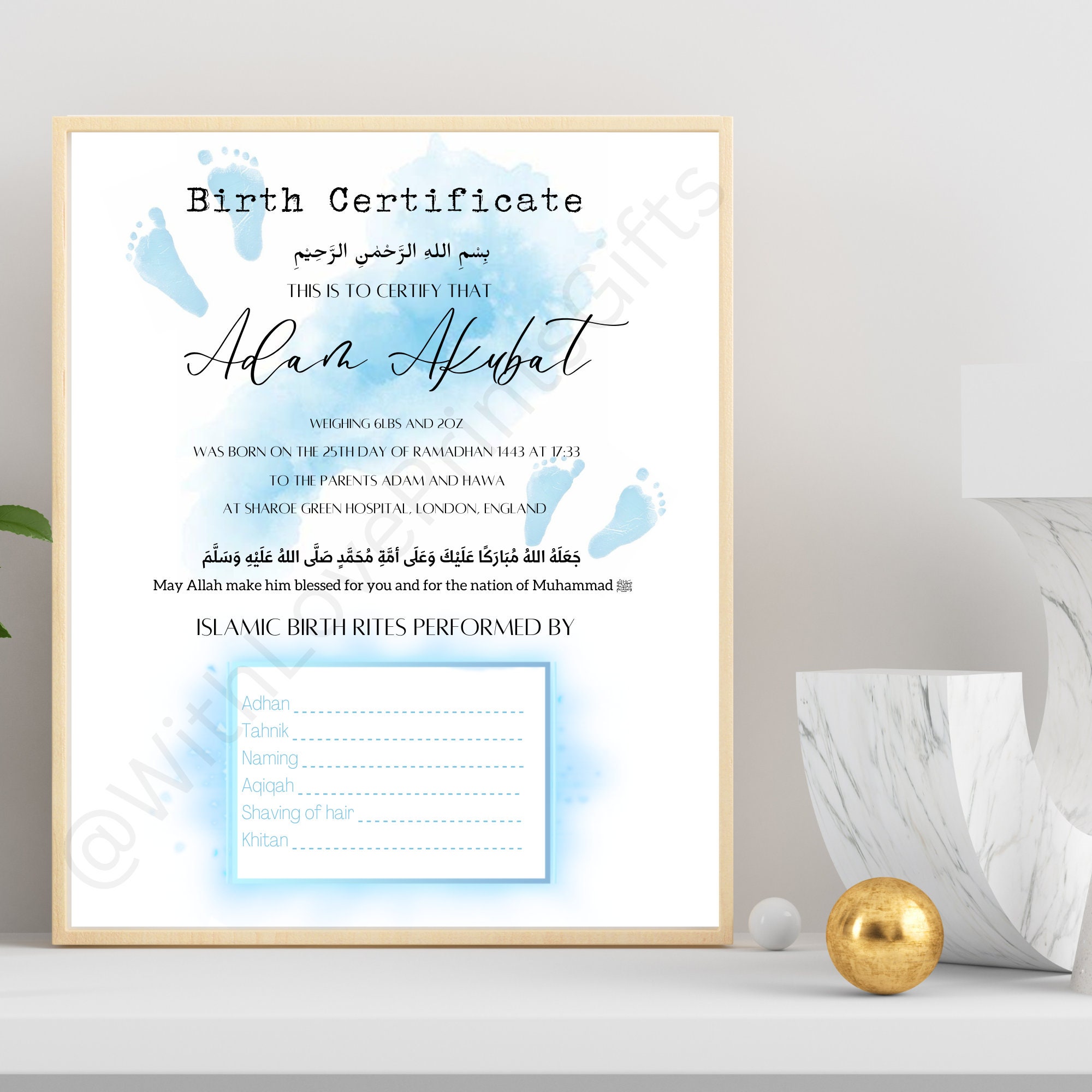 Birth Certificate, New Baby, Baby Gift, Islamic Prints, Muslim Baby ...