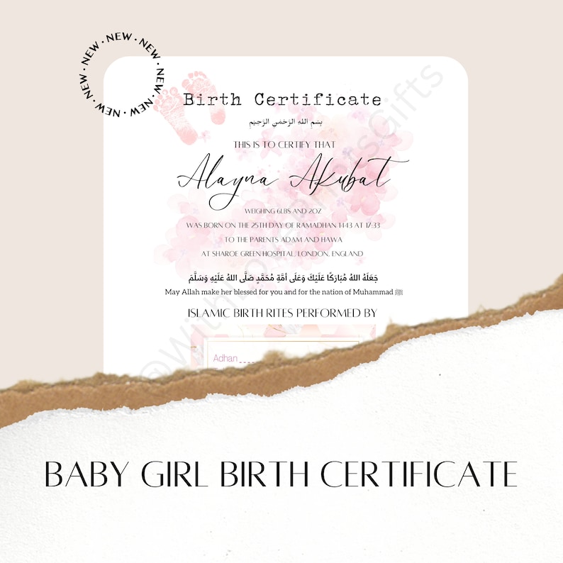Baby Girl Birth Certificate, Newborn, Gift, Muslim Baby, Islamic Rite ...