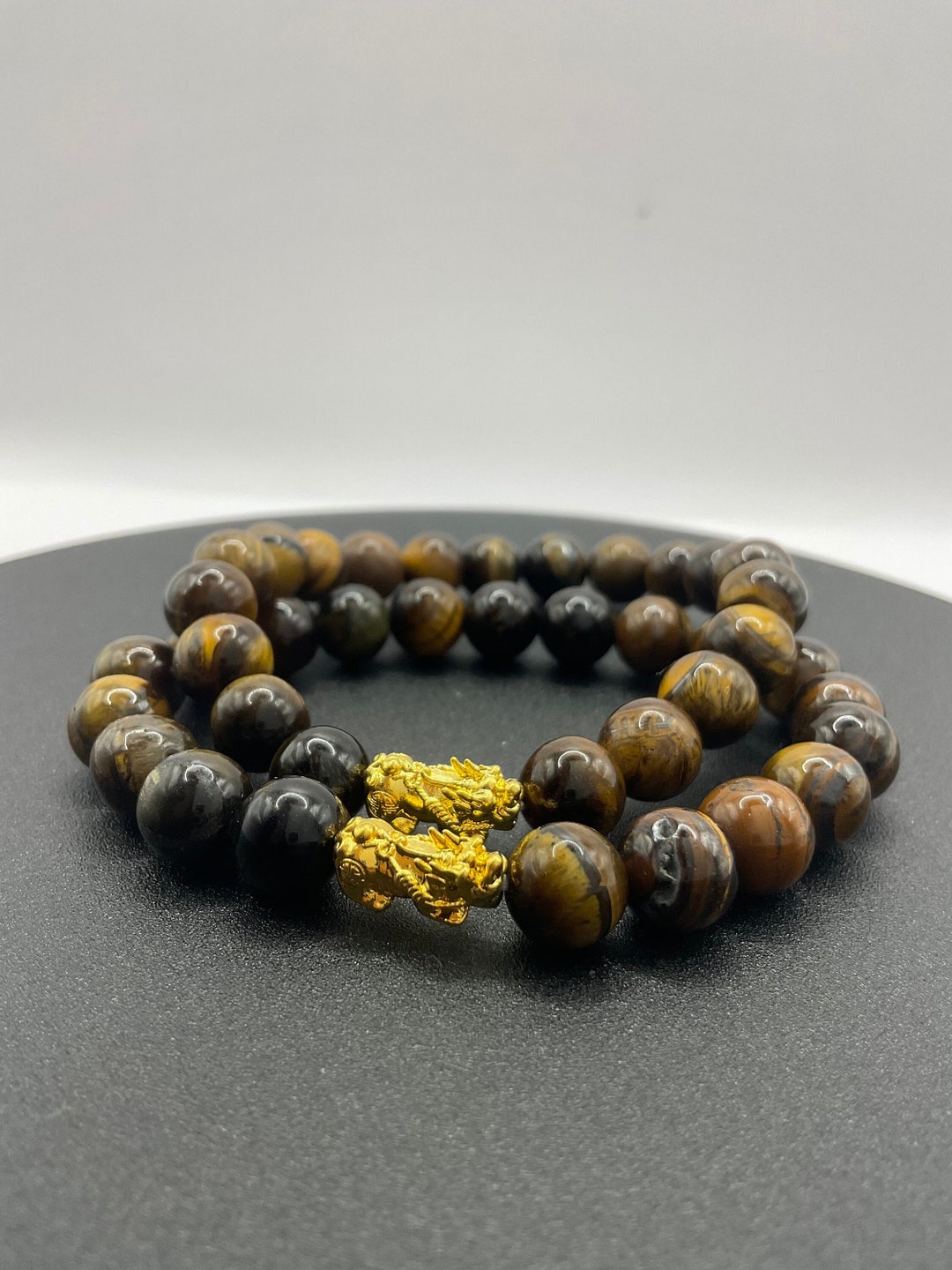 Real 18k Yellow Gold Year of the Dragon Natural Tiger Eye Pi Yao Pixiu ...