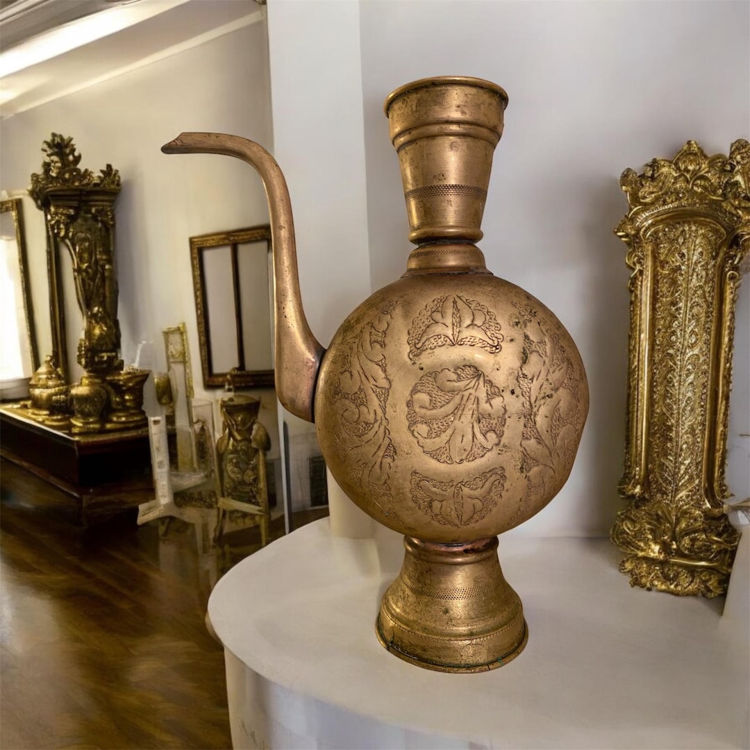 Antique Ottoman Copper Pitcher - Large Ewer With Intricate Engravings ...