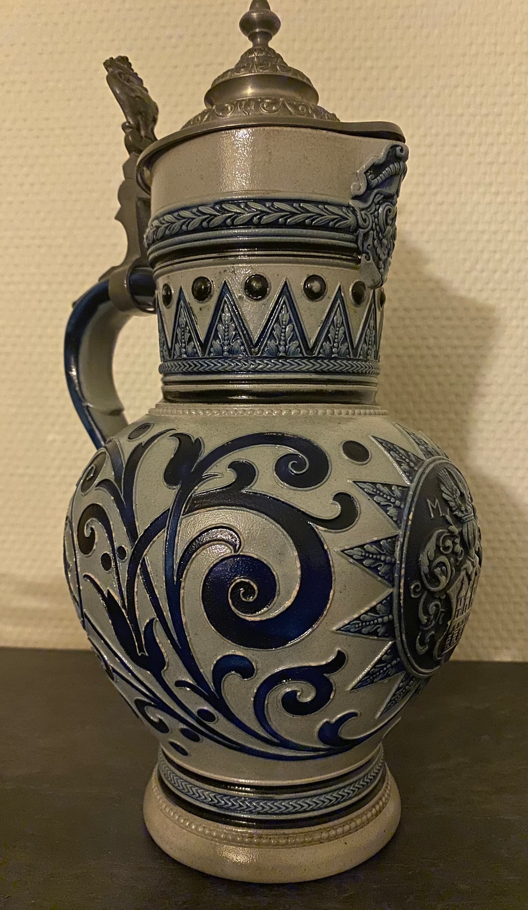 German Antique Marzi Remy Ceramic Blue Scrollwork Pewter Lidded Stein ...
