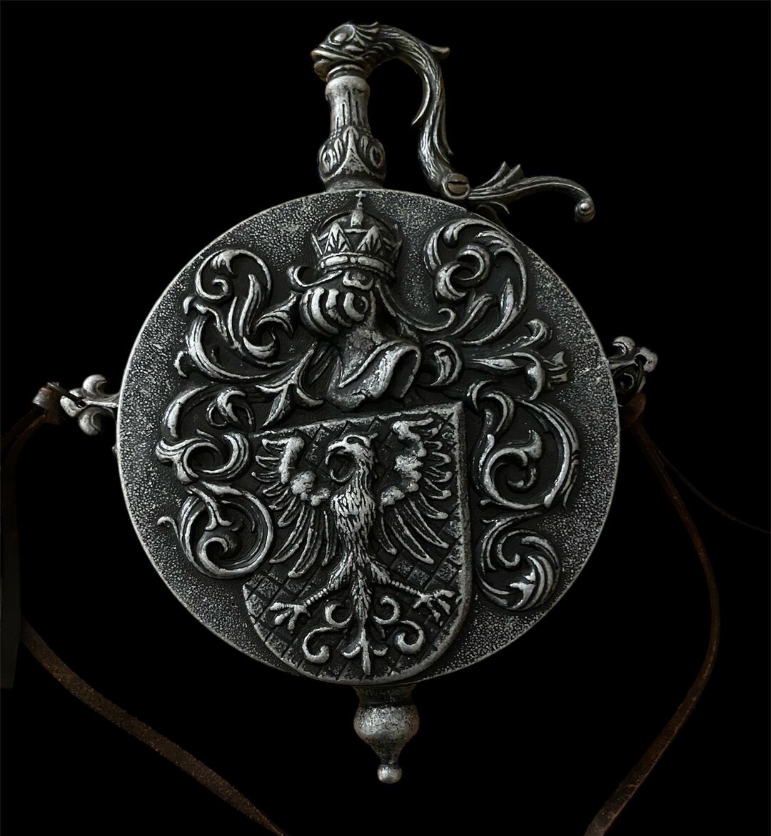 Vintage Medieval Gunpowder Flask – Heraldic Knight & Eagle Motifs ...